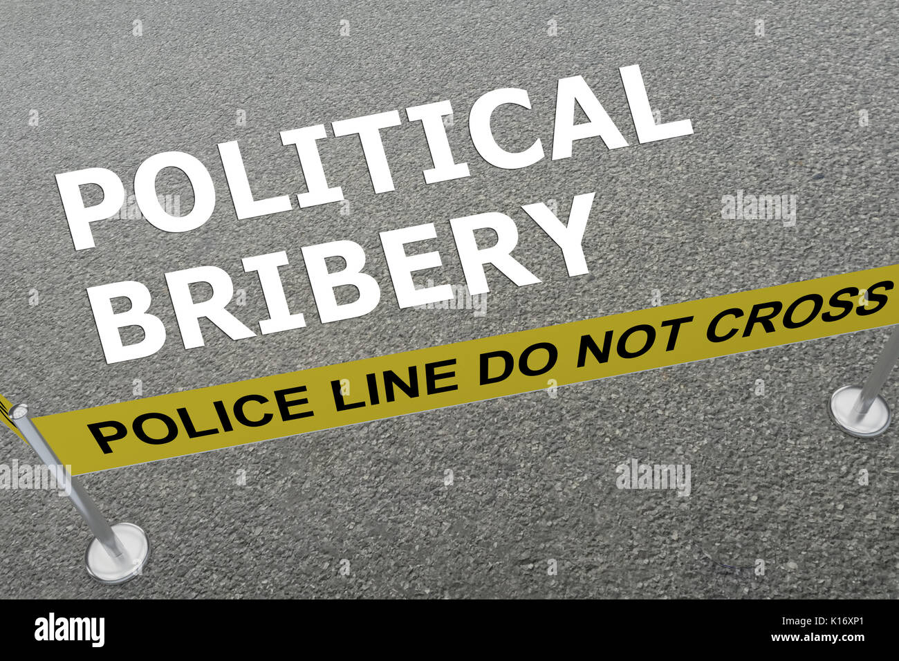 3D illustration of "POLITICAL BRIBERY" title on the ground in a police ...
