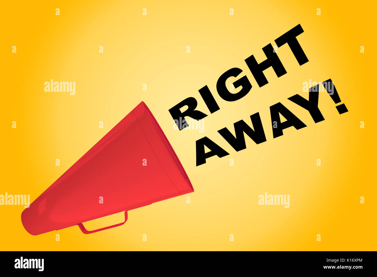 3D illustration of "RIGHT AWAY!" title flowing from a loudspeaker Stock ...