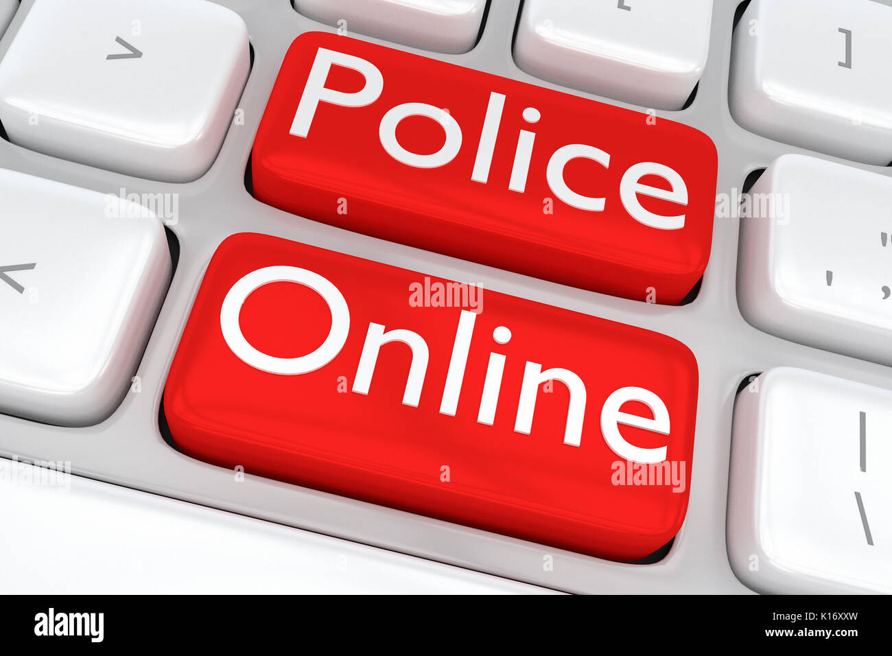 3D illustration of computer keyboard with the print "Police Online" on two adjacent red buttons ...