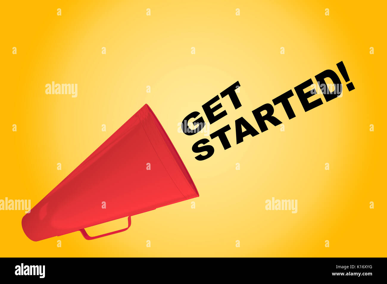 3D illustration of "GET STARTED!" title flowing from a loudspeaker ...
