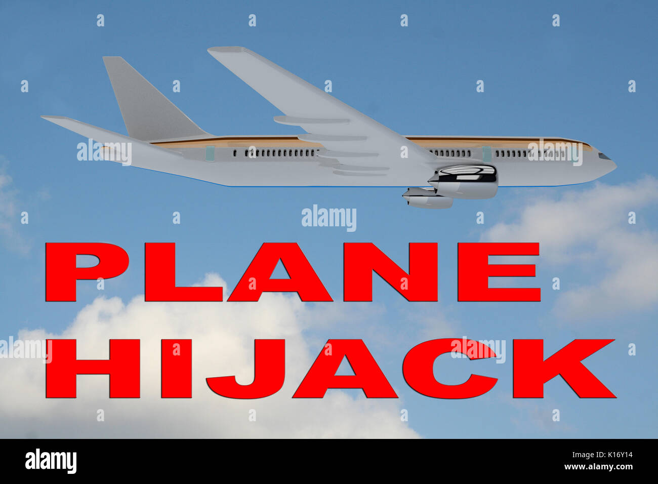 3D illustration of "PLANE HIJACK" title on cloudy sky as a background ...