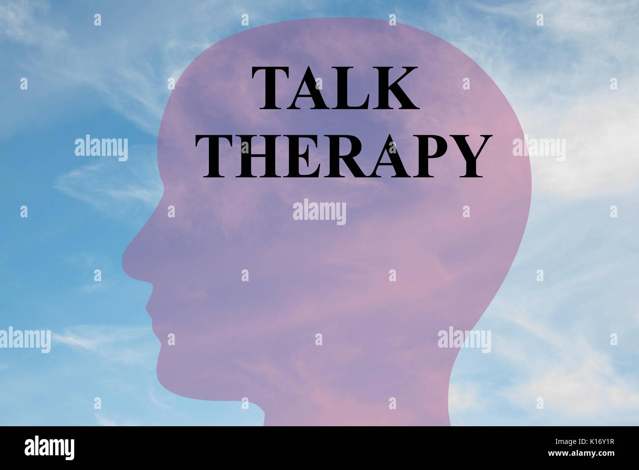 Render illustration of "TALK THERAPY" title on head silhouette, with ...