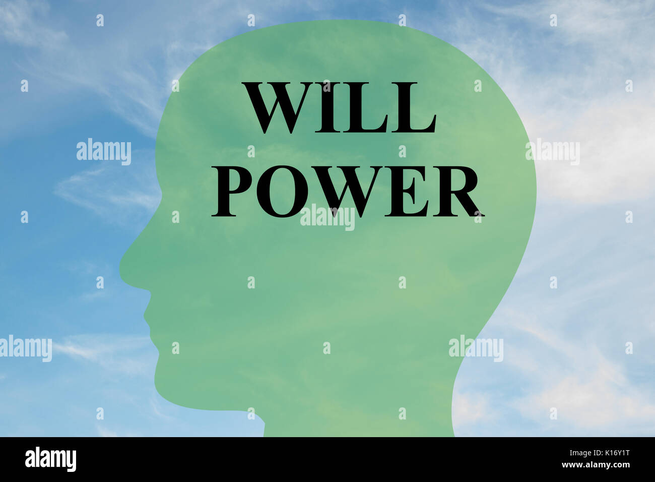 Render illustration of "WILL POWER" script on head silhouette, with ...