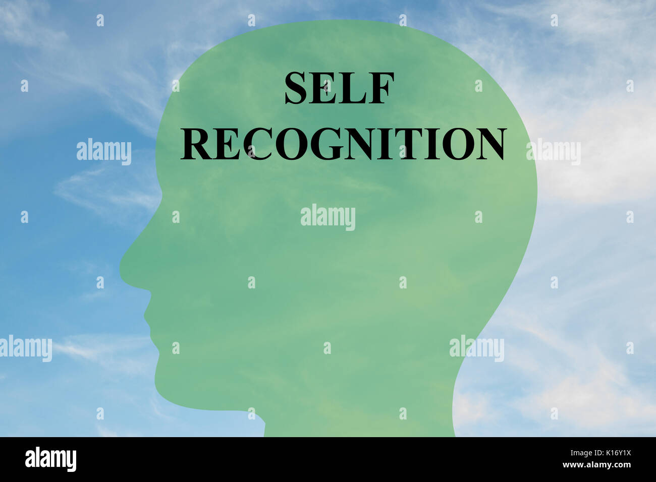 Render illustration of "SELF RECOGNITION" script on head silhouette ...