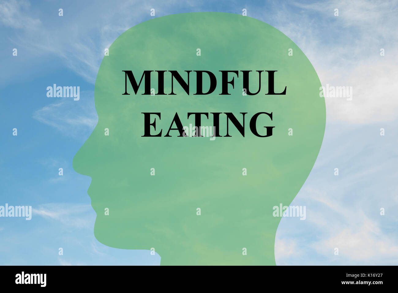 Render illustration of "MINDFUL EATING" script on head silhouette, with ...
