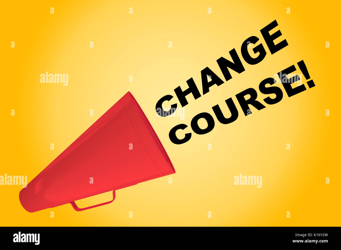 3D illustration of "CHANGE COURSE!" title flowing from a loudspeaker ...