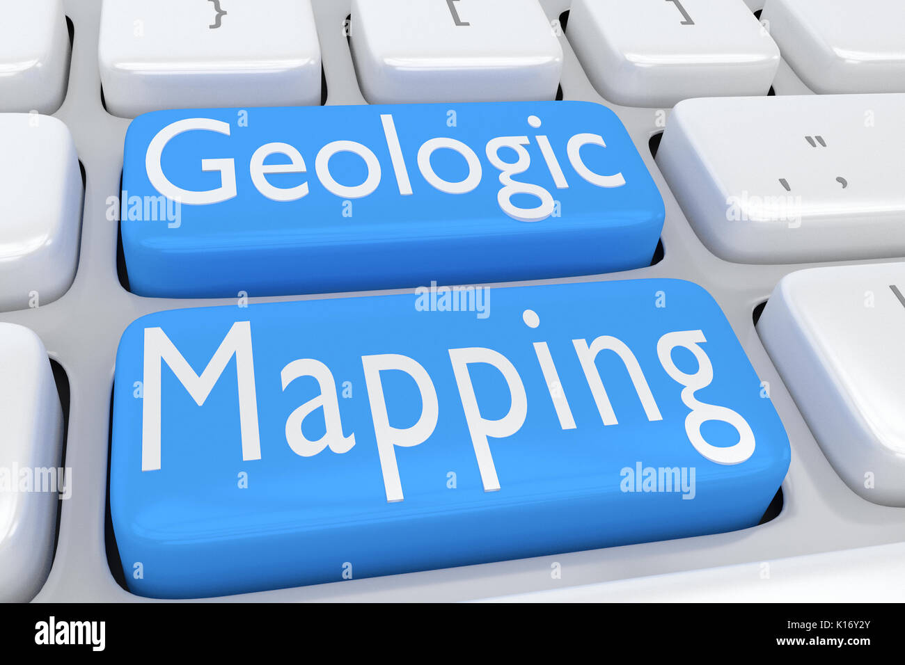 3D illustration of computer keyboard with the script "Geologic Mapping" on two adjacent pale ...