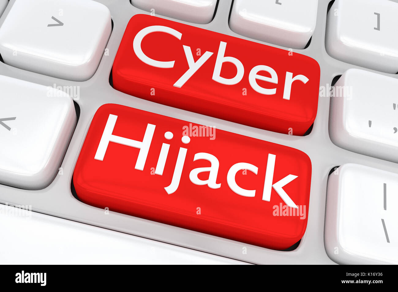 3D illustration of computer keyboard with the print "Cyber Hijack" on two adjacent red buttons ...
