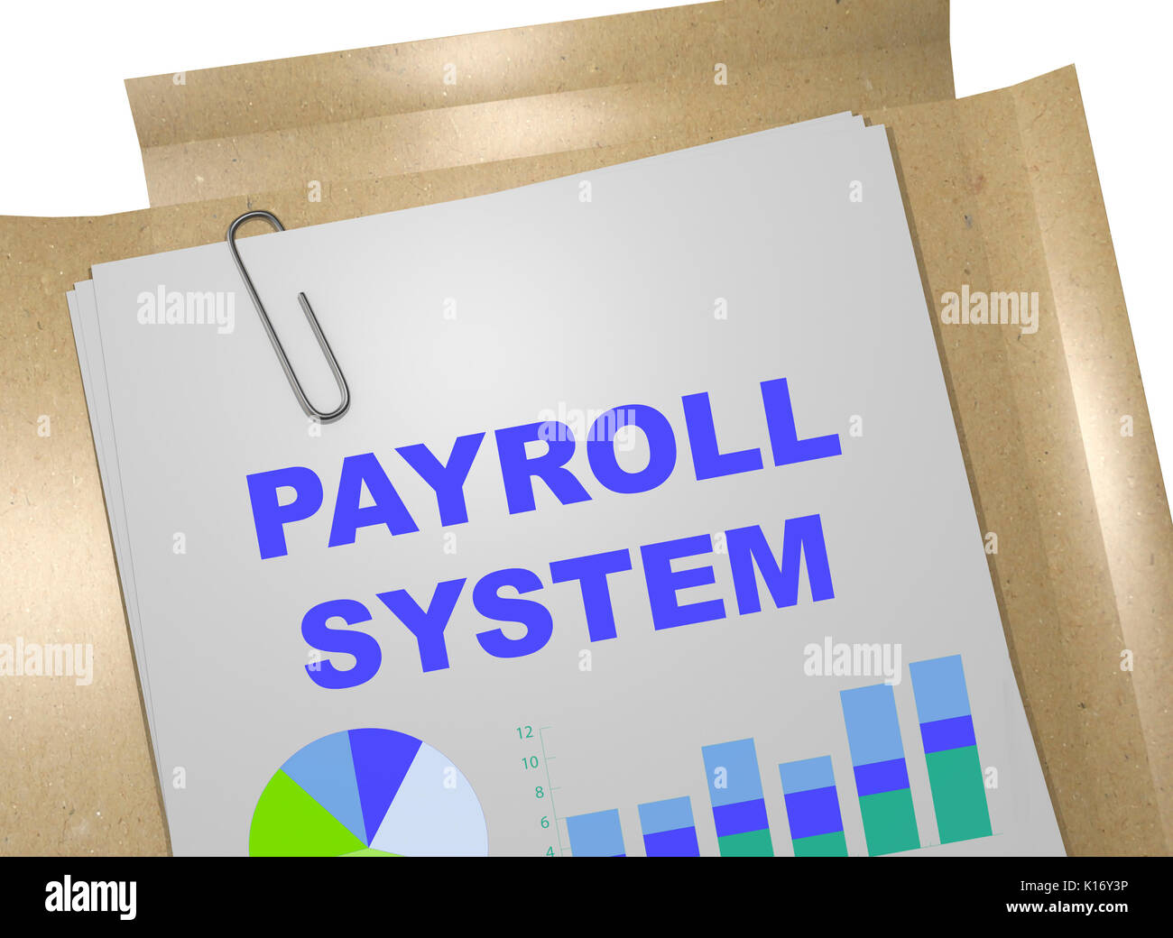3D illustration of "PAYROLL SYSTEM" title on business document Stock ...