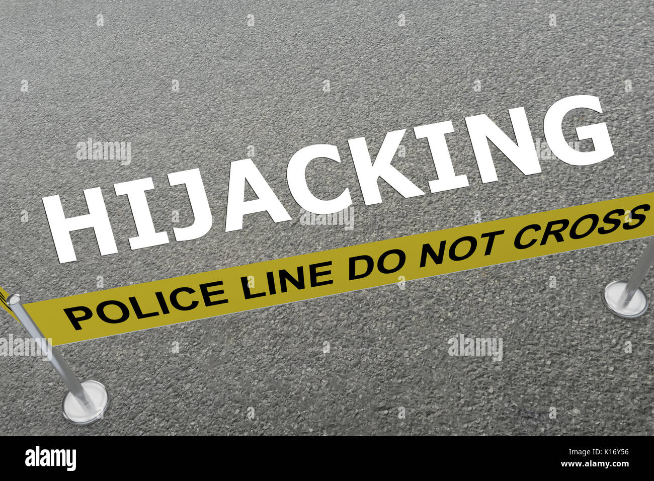 3D illustration of "HIJACKING" title on the ground in a police arena ...