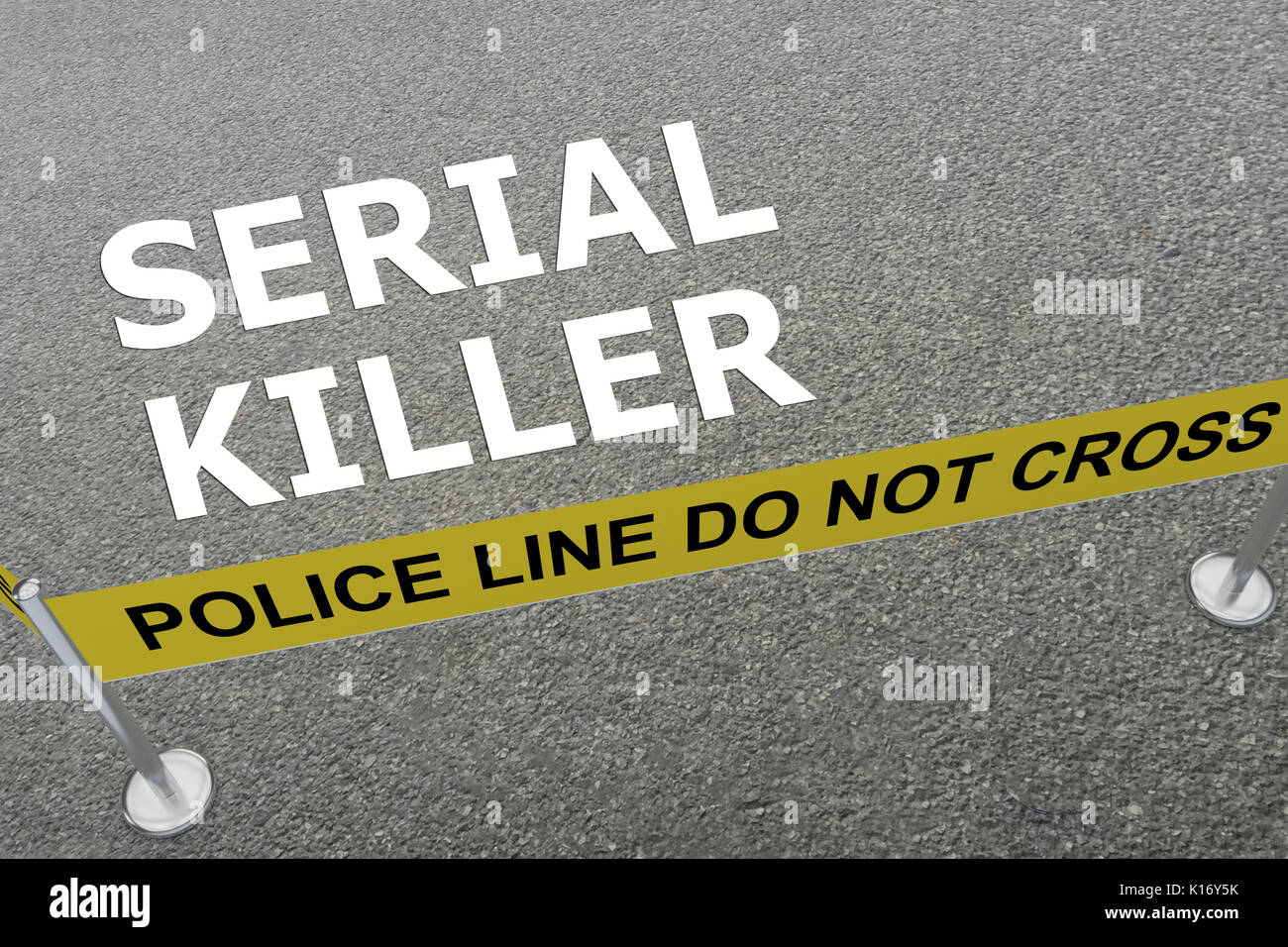 3D illustration of "SERIAL KILLER" title on the ground in a police ...