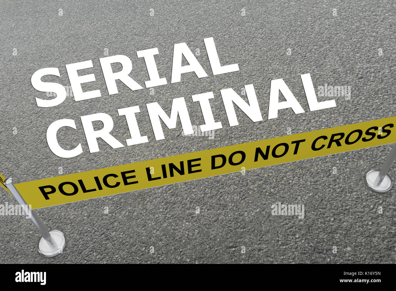 3D illustration of "SERIAL CRIMINAL" title on the ground in a police ...