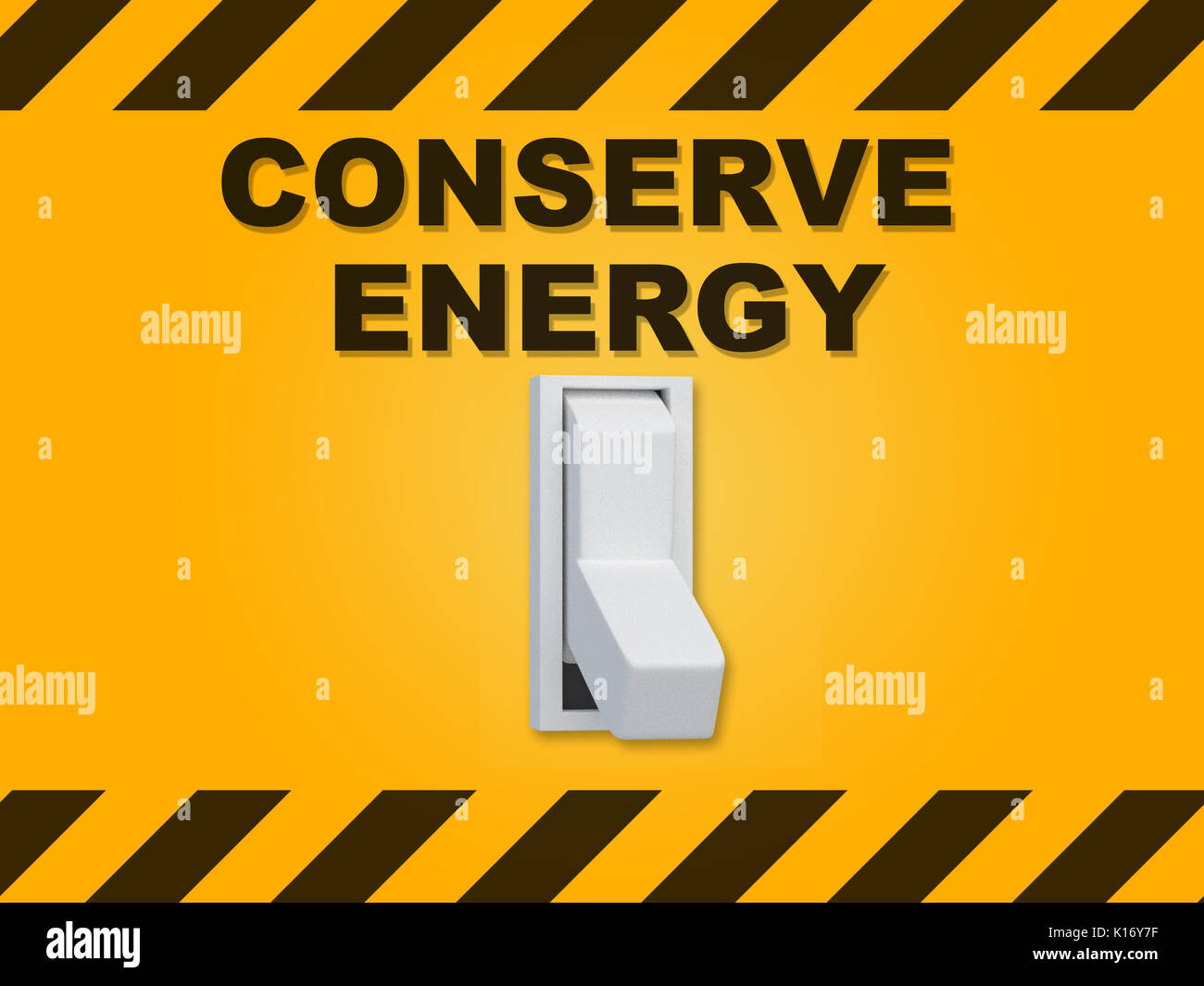 3D illustration of "CONSERVE ENERGY" title above an electric switch on ...