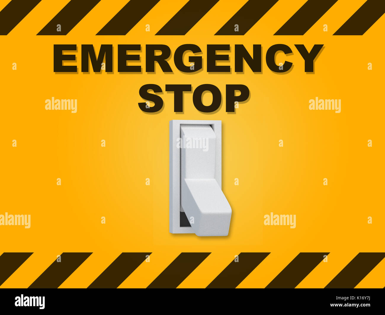 3D illustration of "EMERGENCY STOP" title above an electric switch on ...