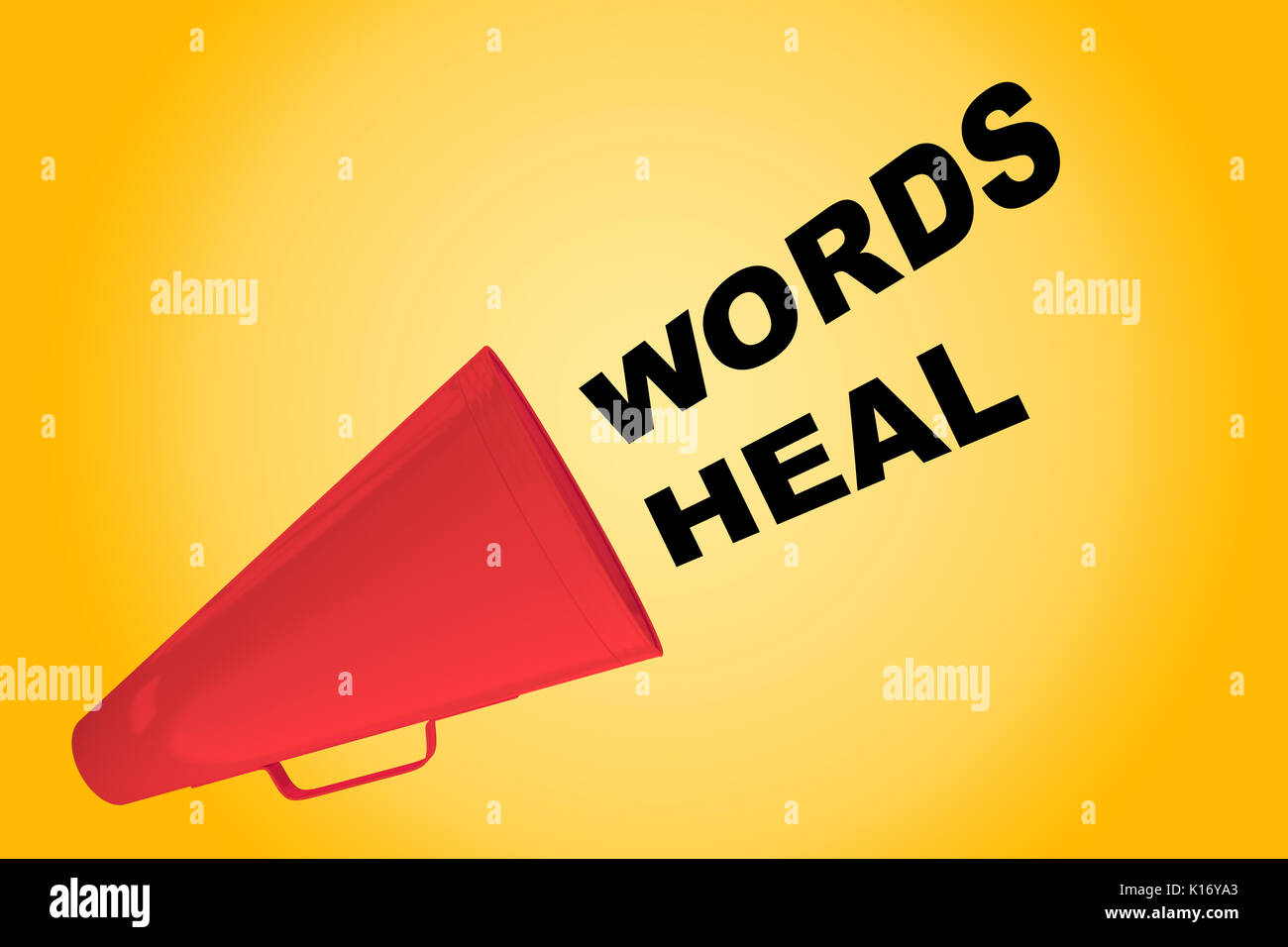 3D illustration of "WORDS HEAL" title flowing from a loudspeaker. As ...