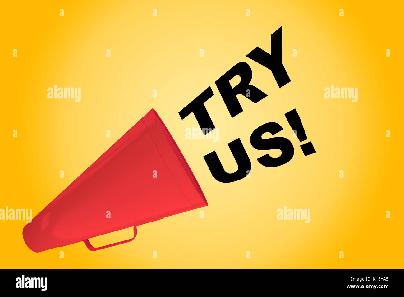3D illustration of "TRY US!" title flowing from a loudspeaker. As soon ...