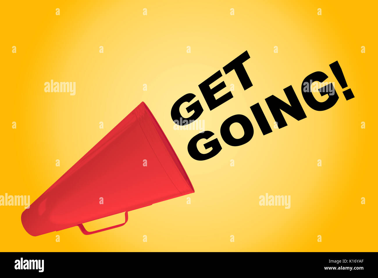 3D illustration of "GET GOING!" title flowing from a loudspeaker. As ...
