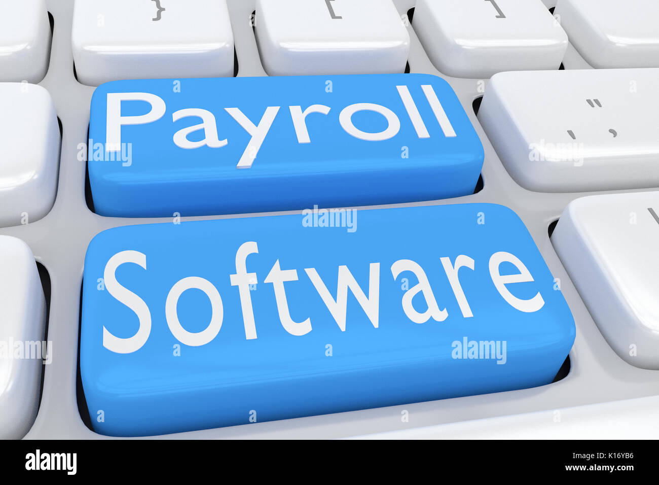 3D illustration of computer keyboard with the script "Payroll Software" on two adjacent pale ...