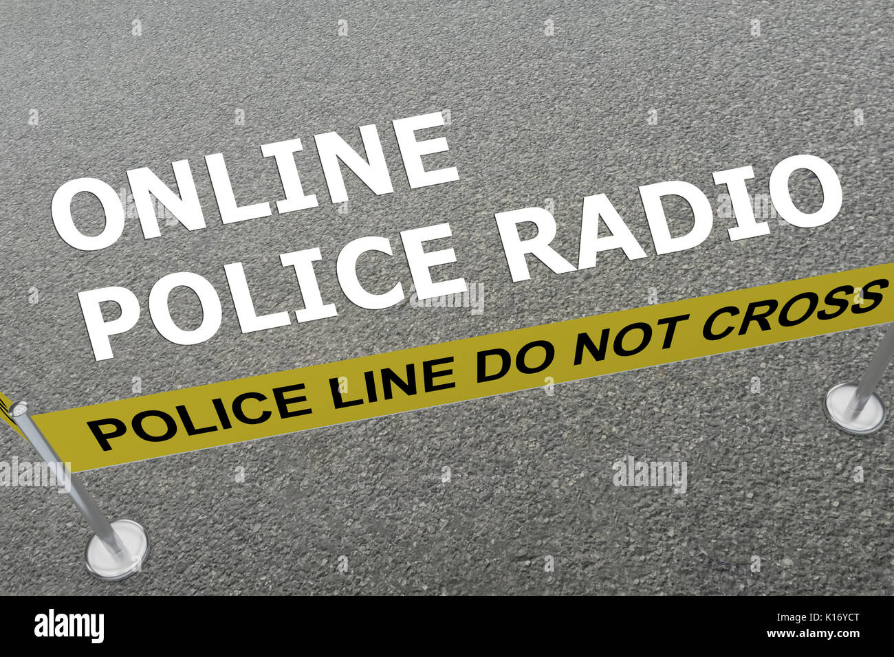 3D illustration of "ONLINE POLICE RADIO" title on the ground in a ...