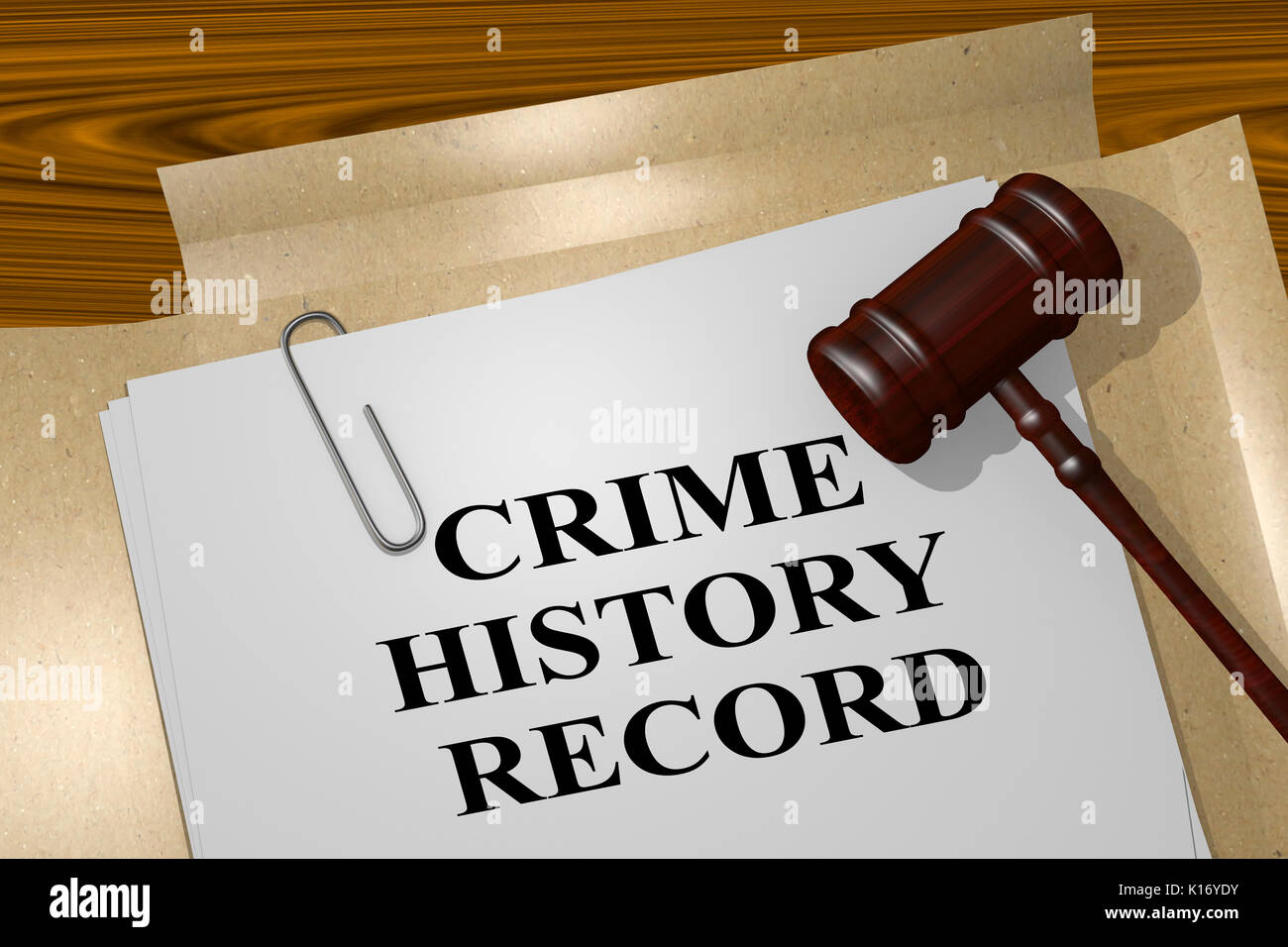 3D illustration of "CRIME HISTORY RECORD" title on legal document Stock ...