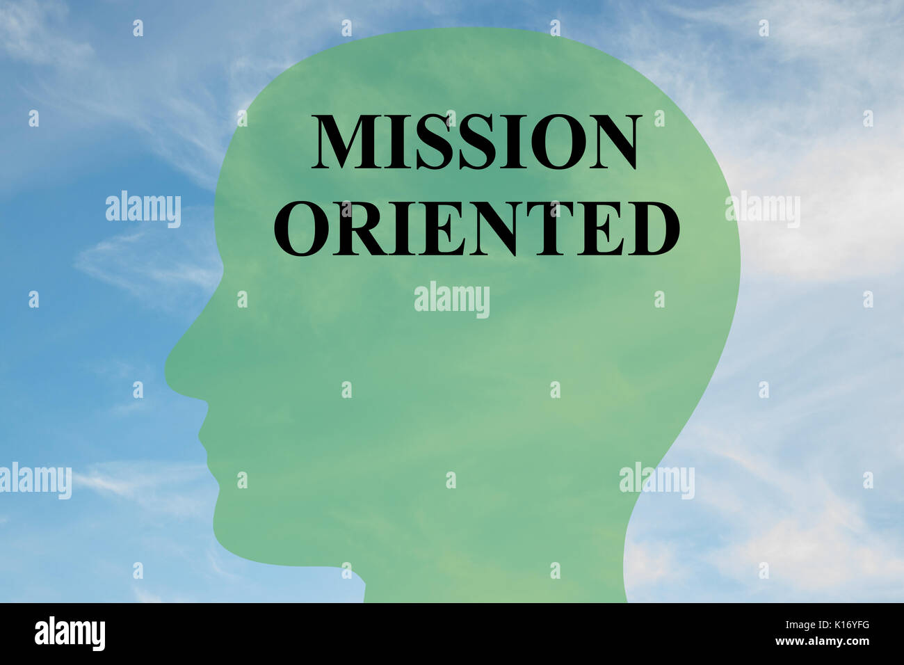 Render illustration of "MISSION ORIENTED" script on head silhouette ...