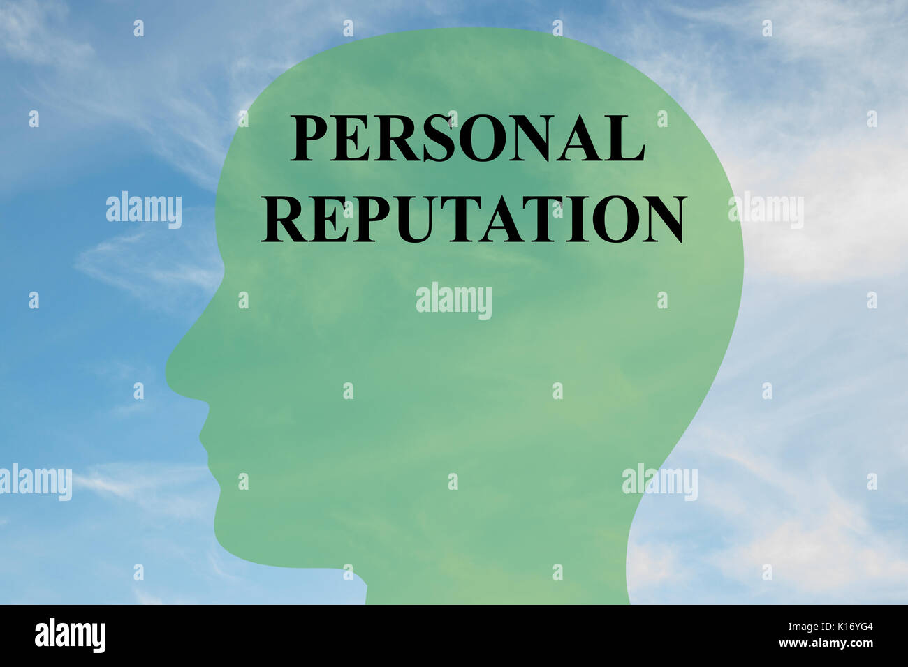 Render illustration of "PERSONAL REPUTATION" script on head silhouette ...