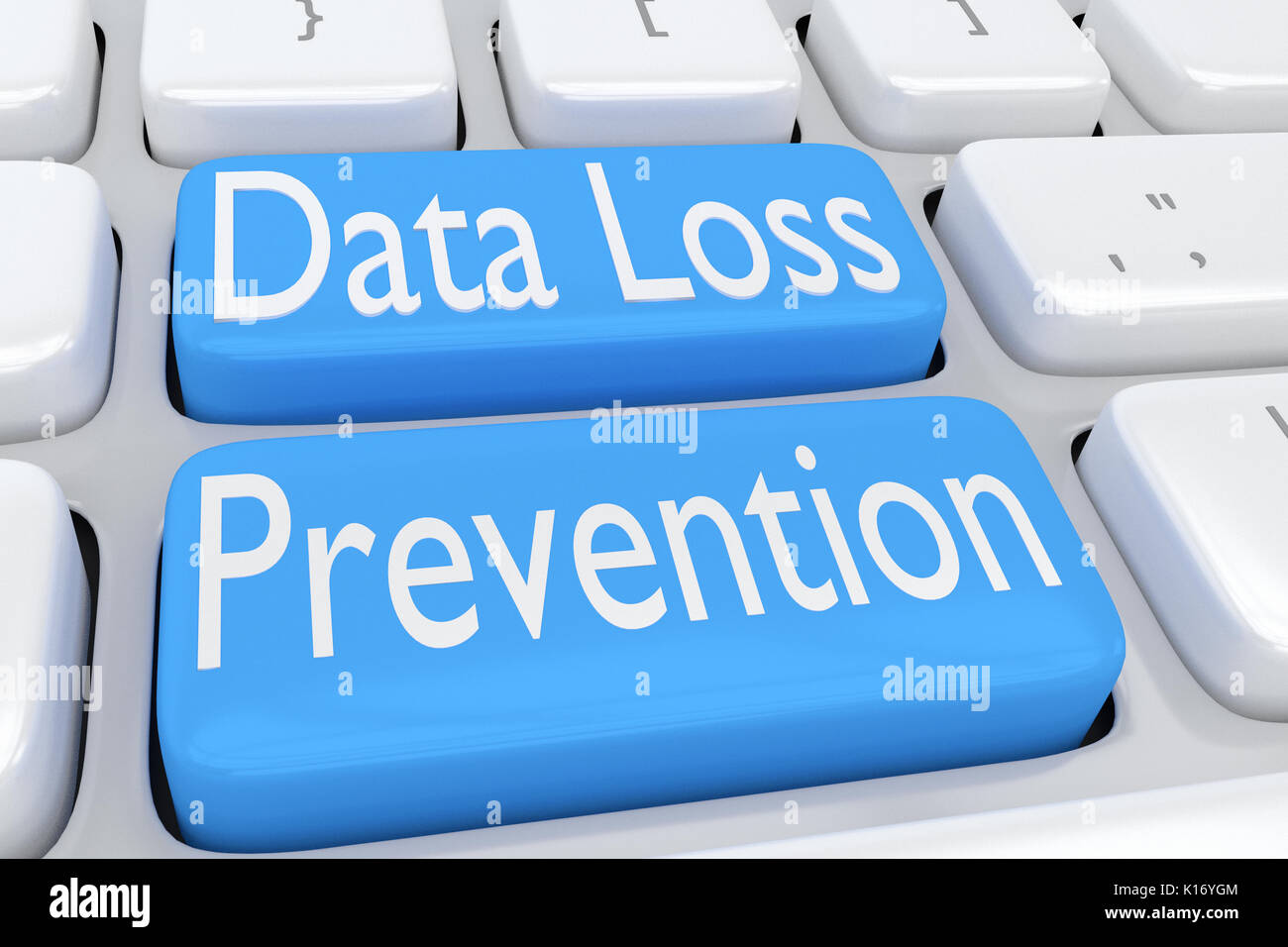 3D illustration of computer keyboard with the script "Data Loss Prevention" on two adjacent pale ...