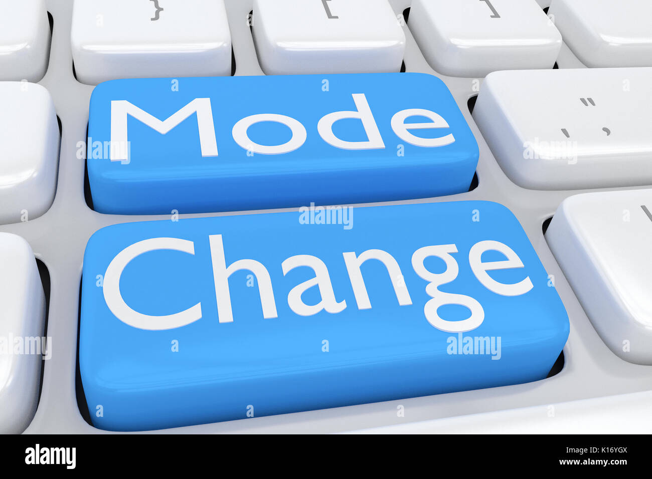 3D illustration of computer keyboard with the script "Mode Change" on two adjacent pale blue ...