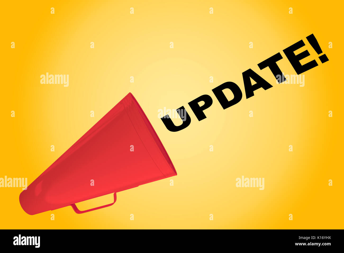 3D illustration of "UPDATE!" title flowing from a loudspeaker Stock ...