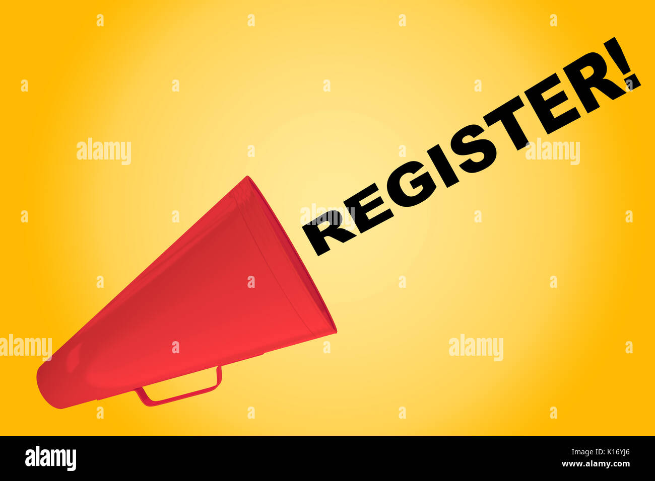 3D illustration of "REGISTER!" title flowing from a loudspeaker Stock ...