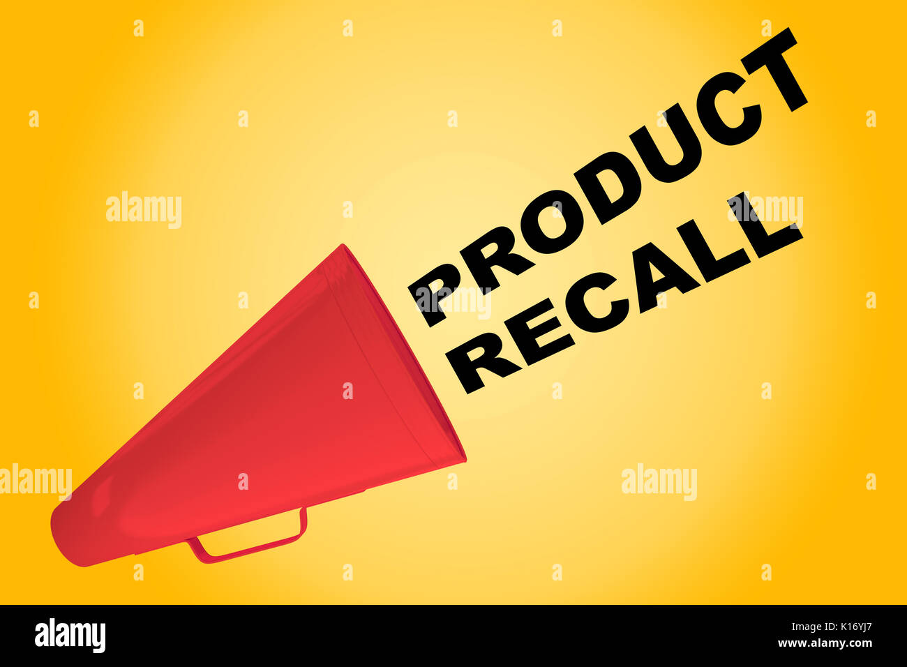 3D illustration of "PRODUCT RECALL" title flowing from a loudspeaker ...