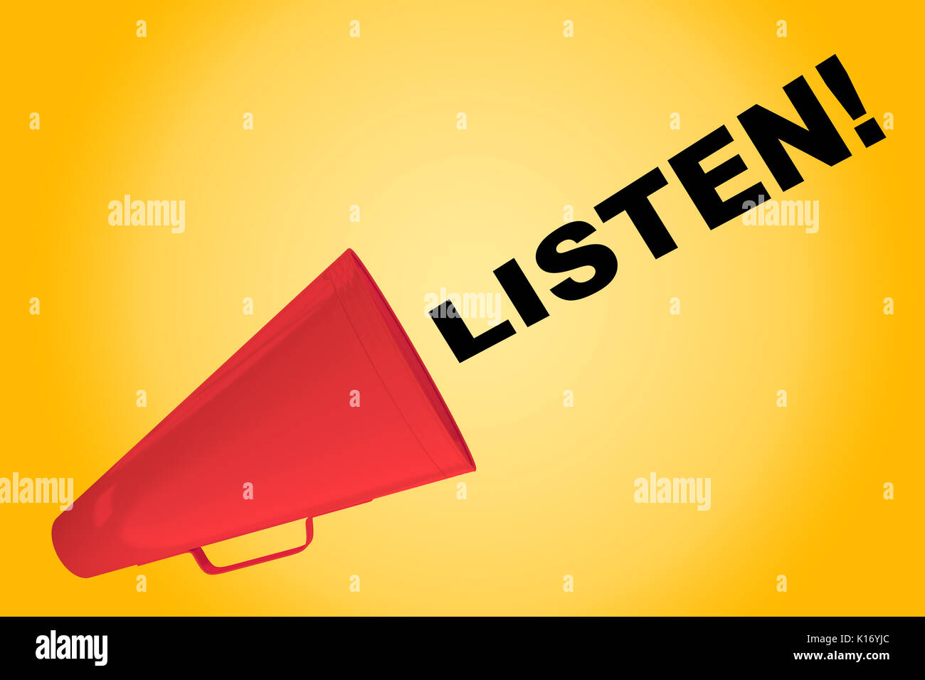 3D illustration of "LISTEN!" title flowing from a loudspeaker Stock ...