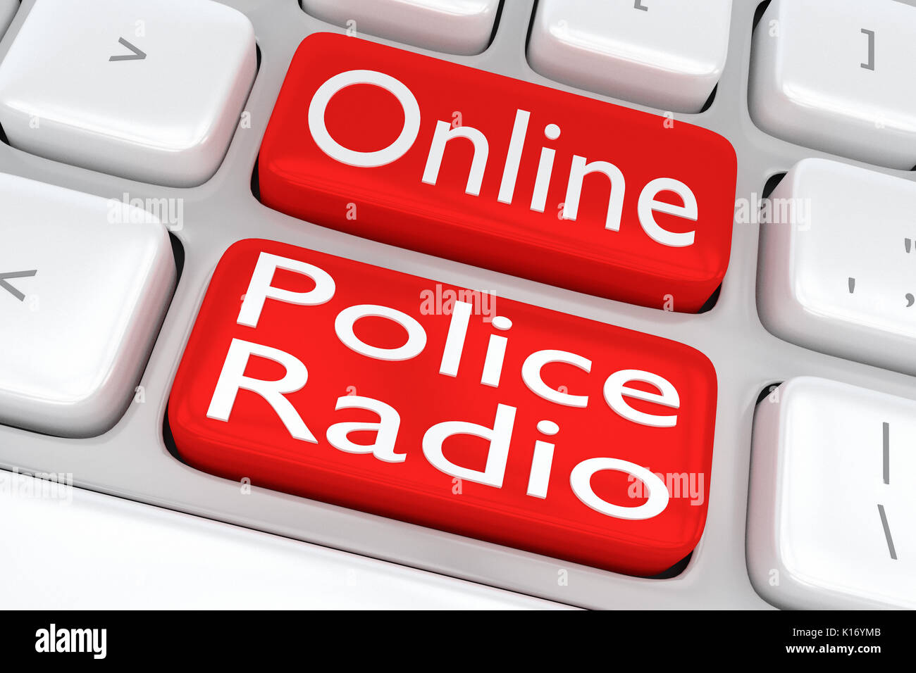 3D illustration of computer keyboard with the print "Online Police Radio" on two adjacent red ...
