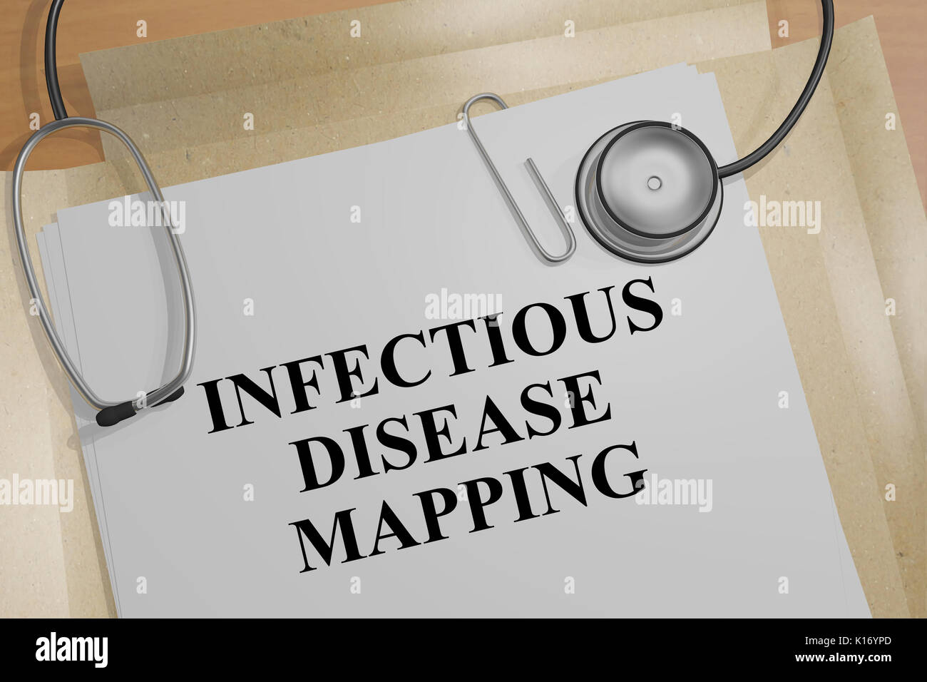 3D illustration of "INFECTIOUS DISEASE MAPPING" title on a document ...