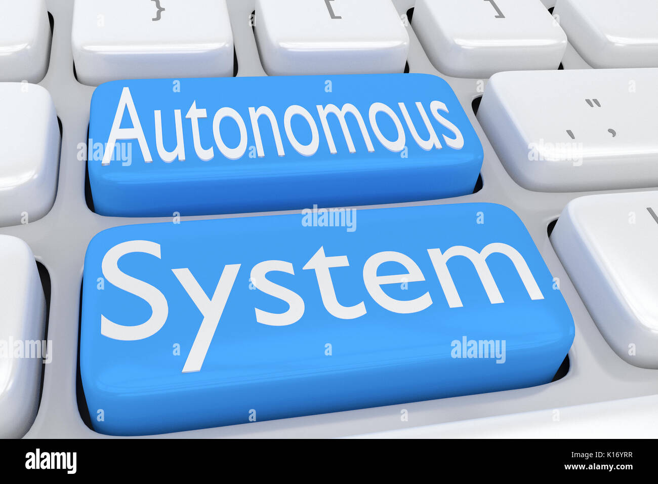 3D illustration of computer keyboard with the script "Autonomous System" on two adjacent pale ...