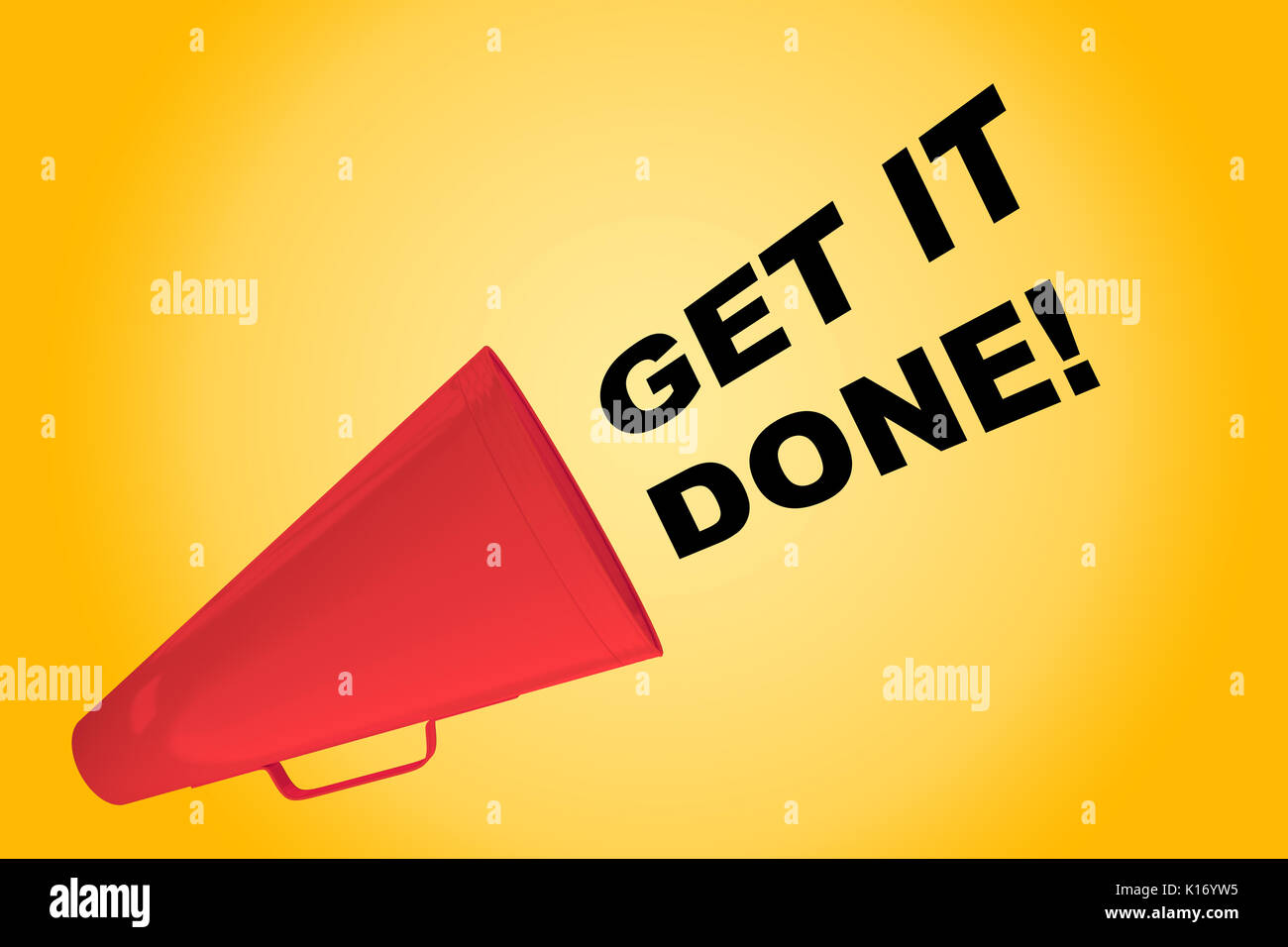 3D illustration of "GET IT DONE!" title flowing from a loudspeaker ...