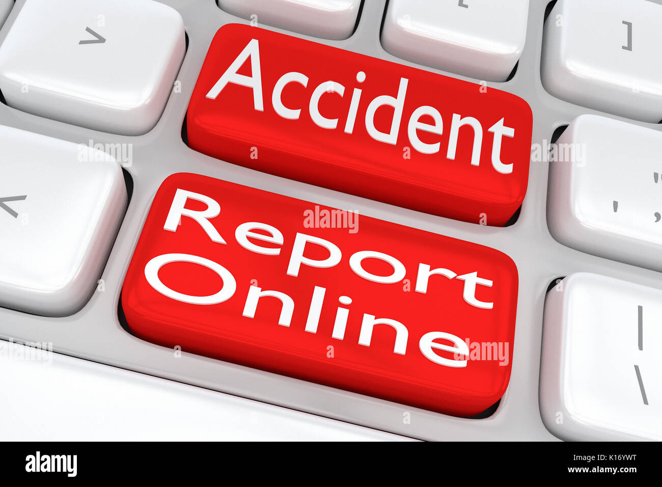 3D illustration of computer keyboard with the print "Accident Report Online" on two adjacent red ...