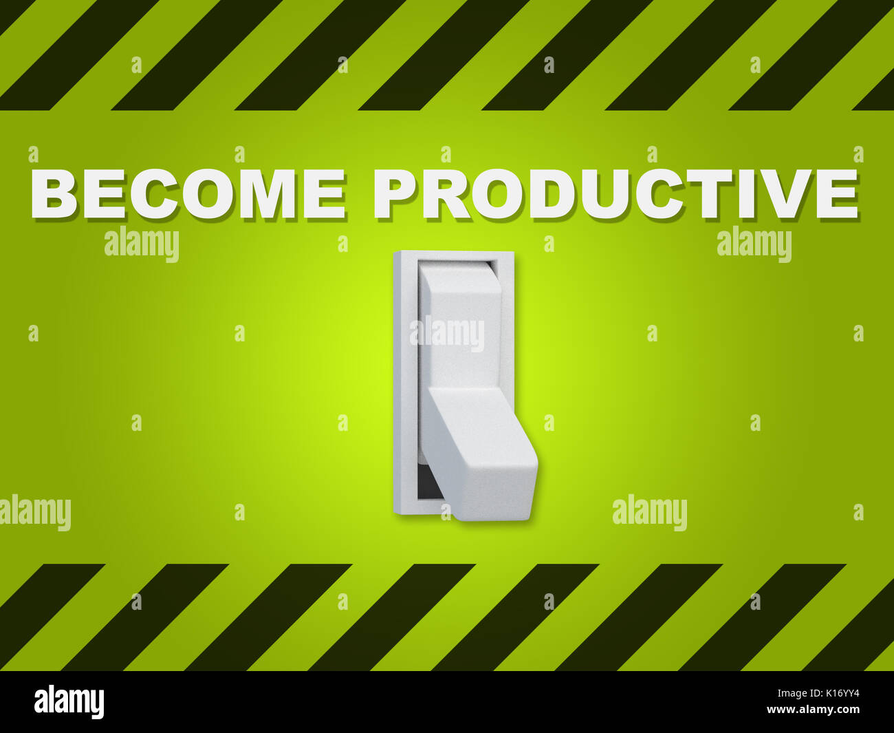 3D illustration of "BECOME PRODUCTIVE" title above an electric switch ...