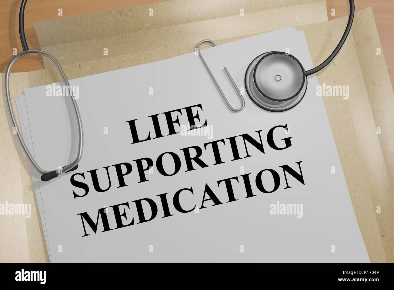 3D illustration of "LIFE SUPPORTING MEDICATION" title on a document ...