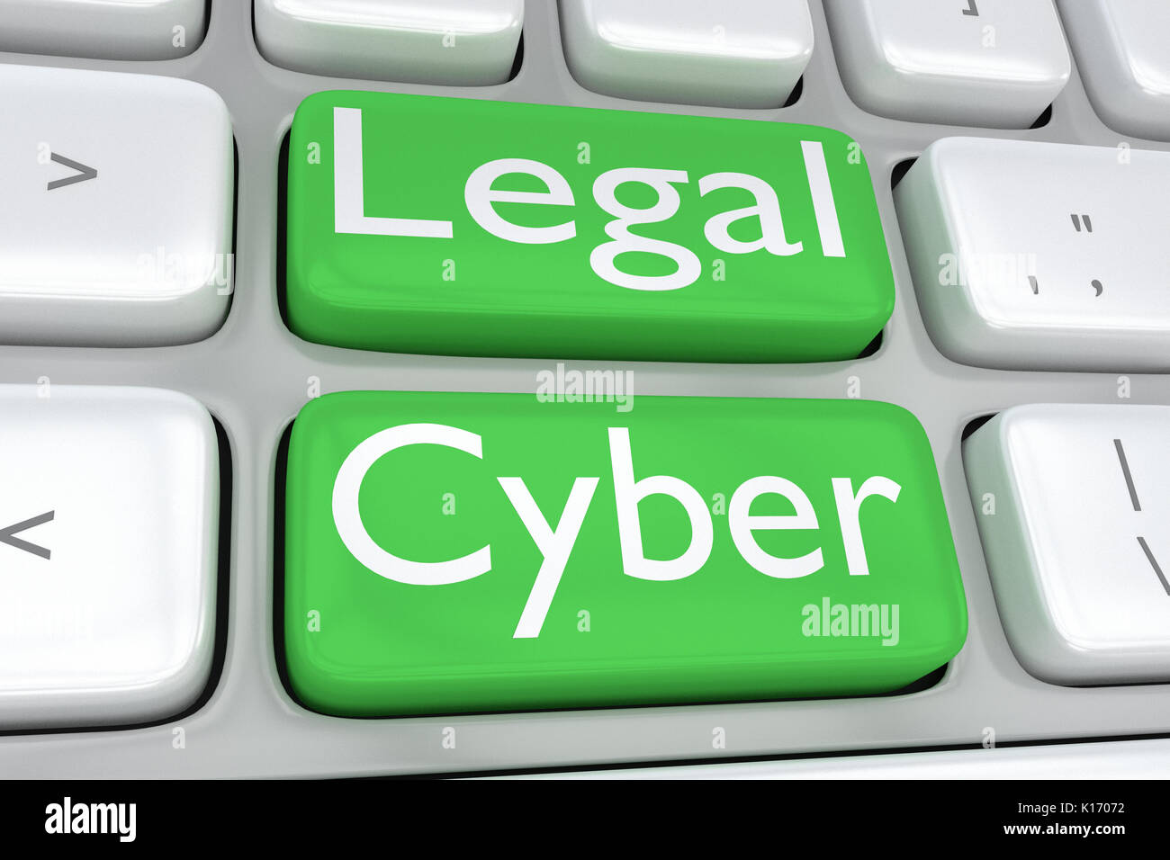 3D illustration of computer keyboard with the print "Legal Cyber" on two adjacent green buttons ...