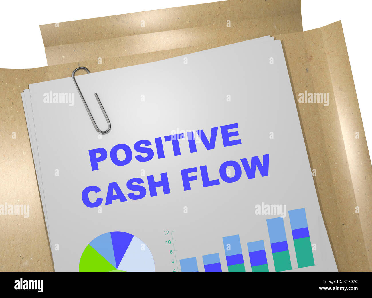 3D illustration of "POSITIVE CASH FLOW" title on business document ...