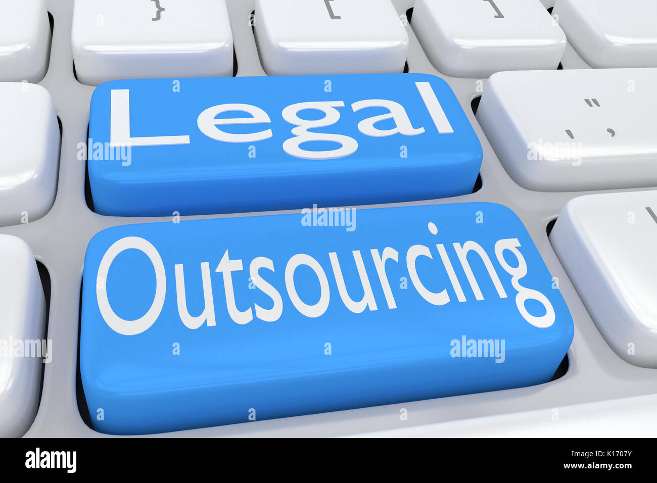 3D illustration of computer keyboard with the script "Legal Outsourcing" on two adjacent pale ...