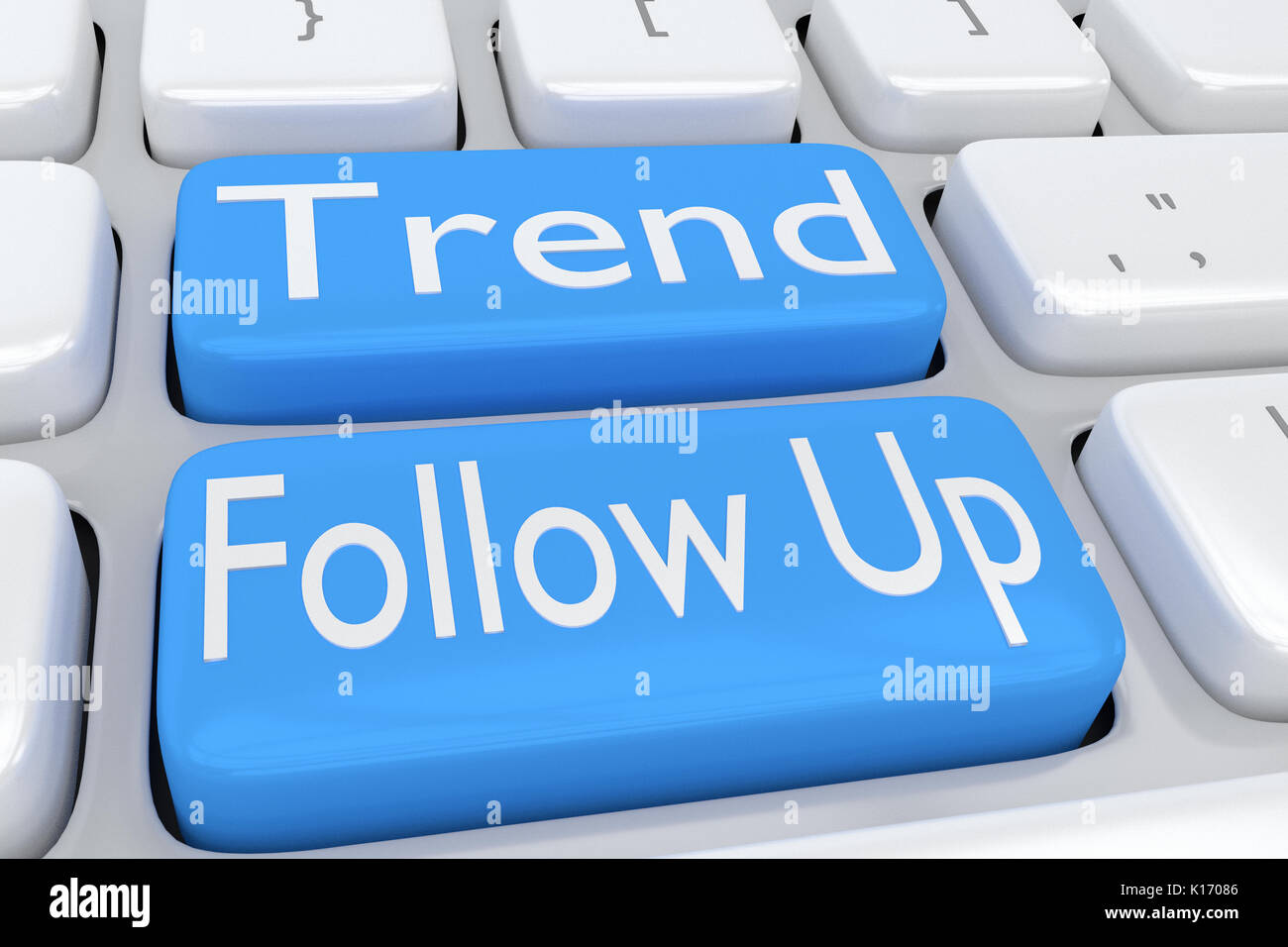 3D illustration of computer keyboard with the script "Trend Follow Up" on two adjacent pale blue ...