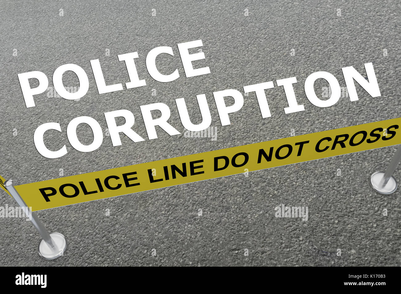 3D illustration of "POLICE CORRUPTION" title on the ground in a police ...