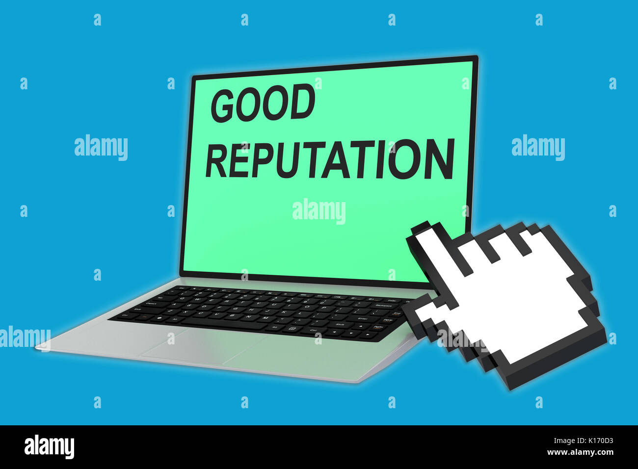 3D illustration of "GOOD REPUTATION" script with pointing hand icon ...