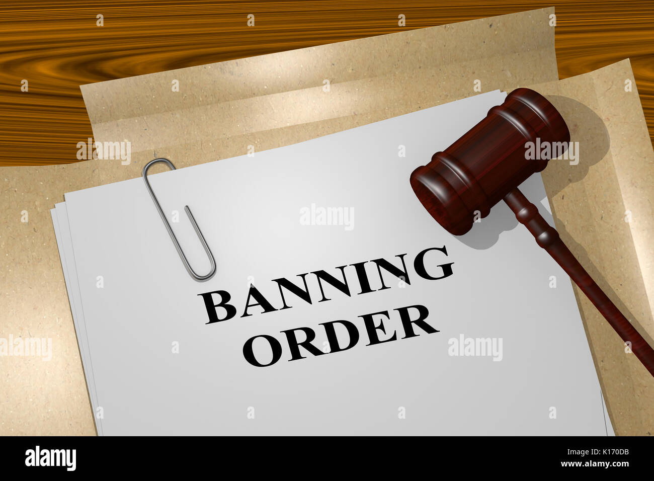 3D illustration of "BANNING ORDER" title on legal document Stock Photo ...