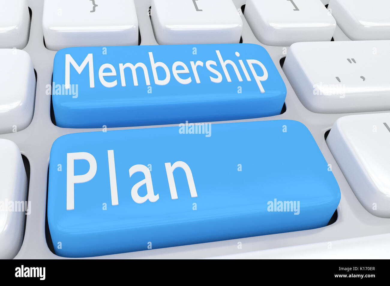 3D illustration of computer keyboard with the script "Membership Plan" on two adjacent pale blue ...