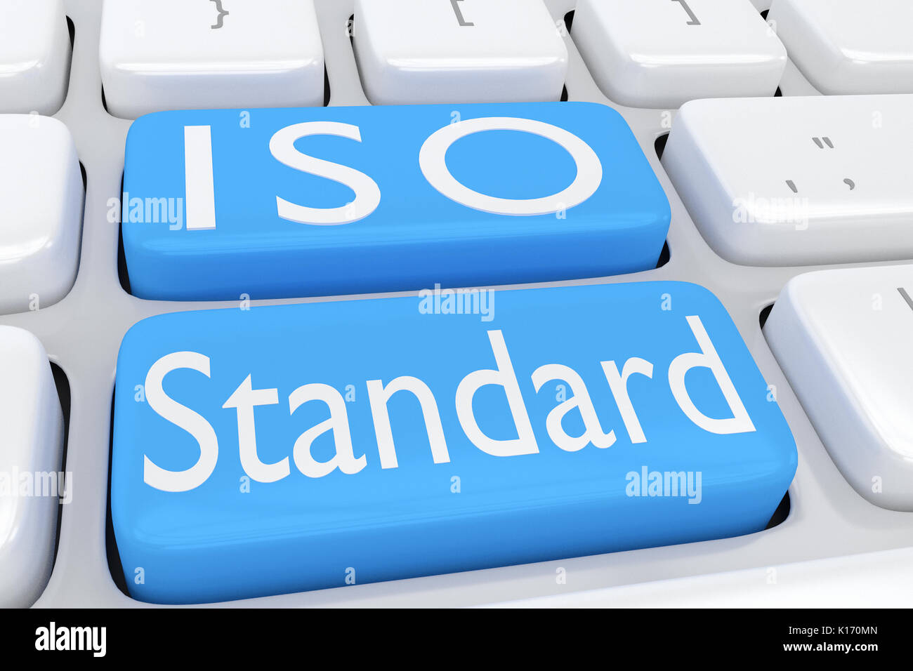 3D illustration of computer keyboard with the script "ISO Standard" on two adjacent pale blue ...