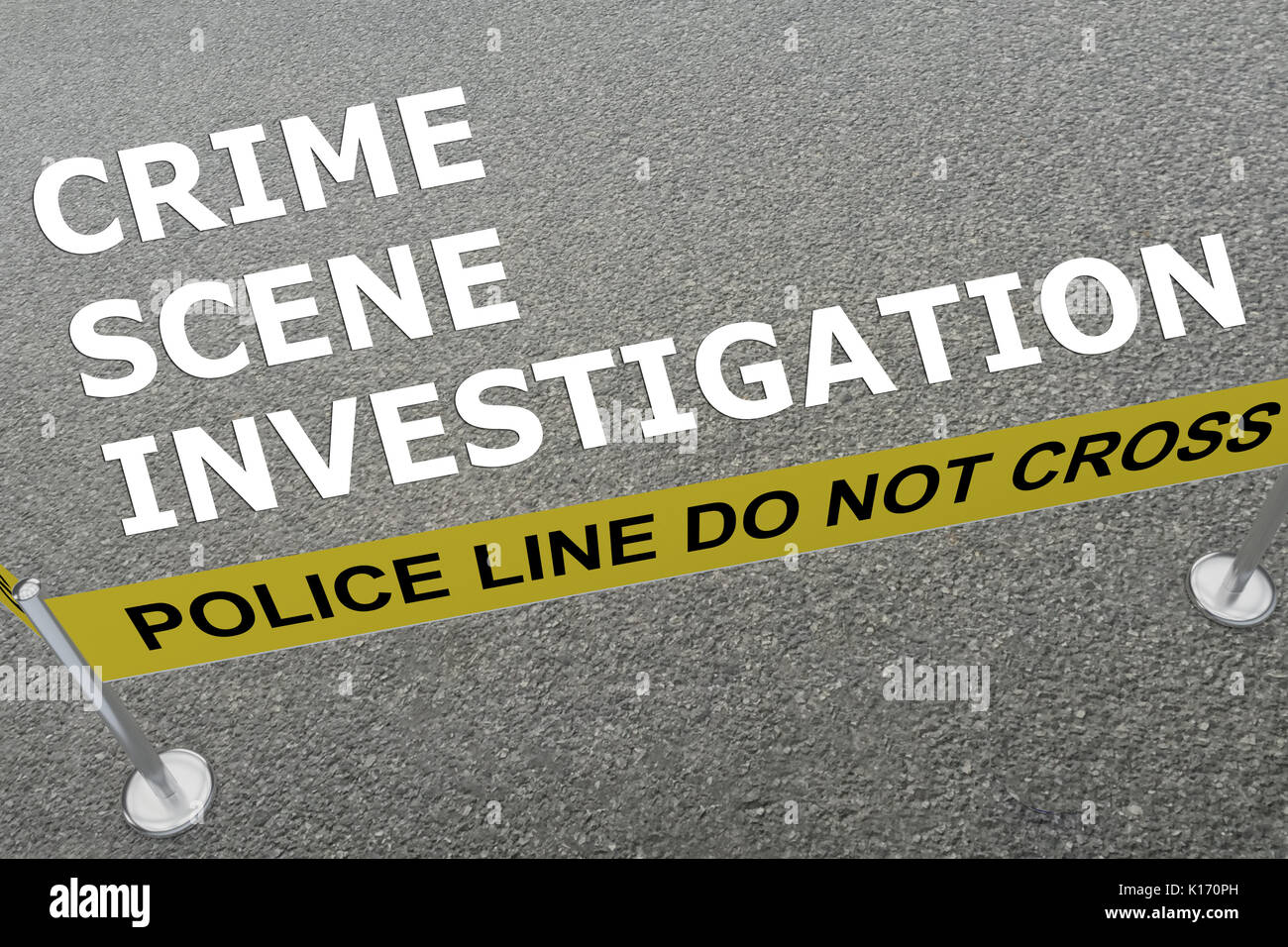 3D illustration of "CRIME SCENE INVESTIGATION" title on the ground in a ...