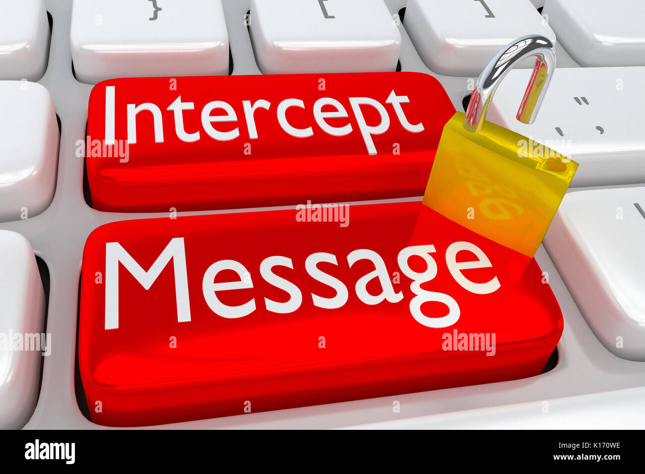 3D illustration of computer keyboard with the print "Intercept Message" on two adjacent red ...